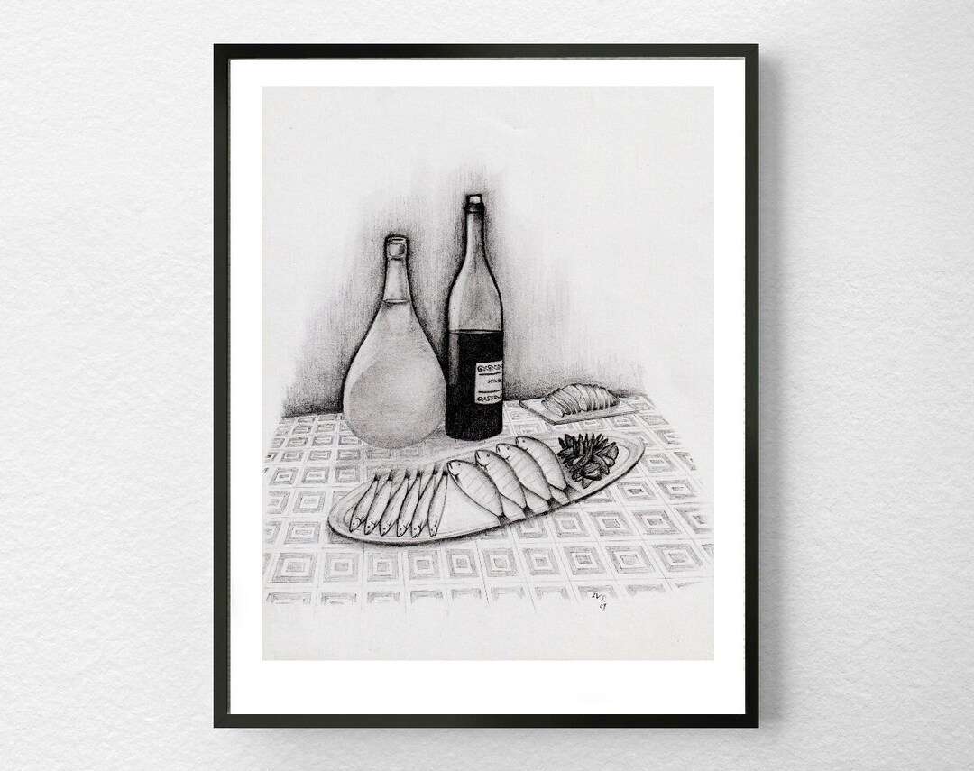 Wine Fish and Bread, Seafood Drawing, Mediterranean Food, Croatian Food ...