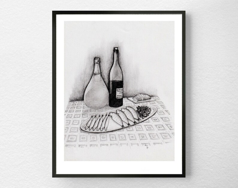 Wine Fish and Bread, Seafood Drawing, Mediterranean Food, Croatian Food ...