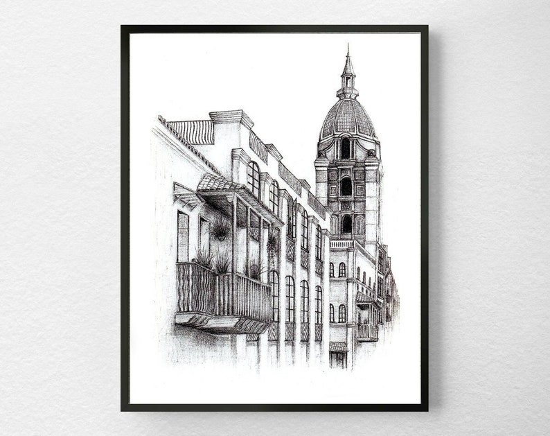 Cartagena Colombia Colonial City Pencil Drawing Latin - Etsy