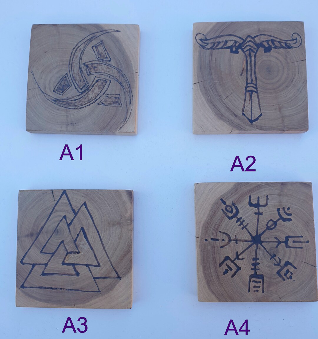 A Set of Four Two Sided Wooden Coasters. Wood Burned Coasters Are ...