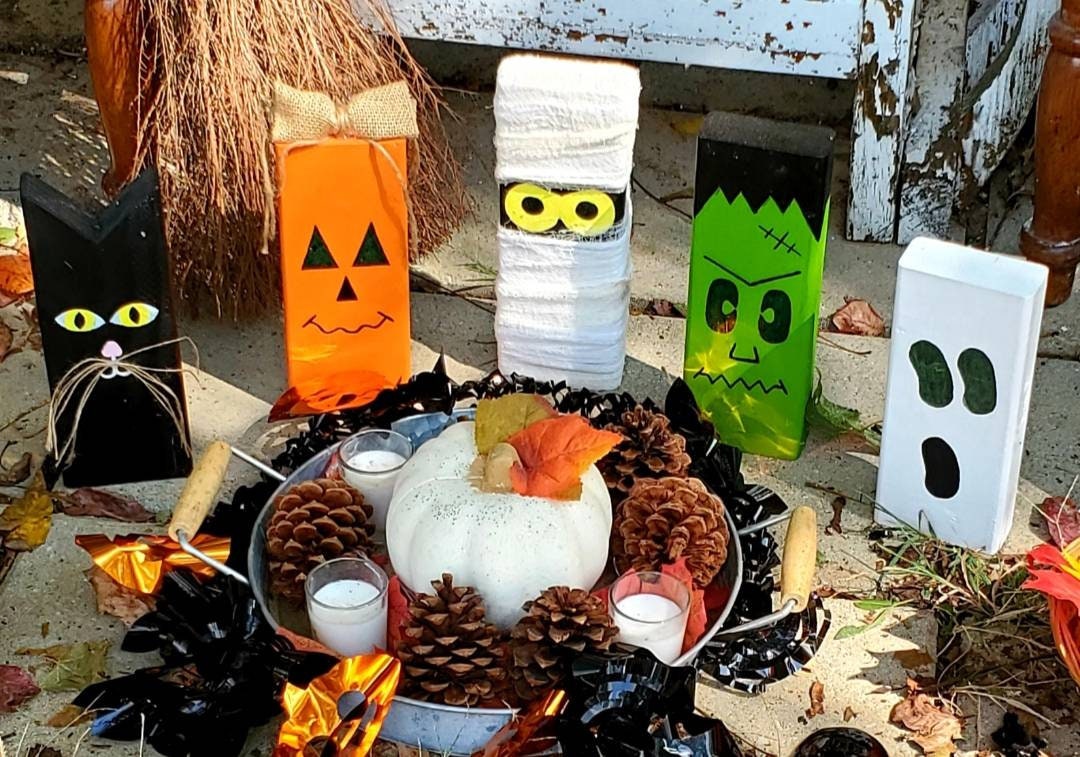 Wooden Halloween Decor Set of 5, Halloween Character Blocks, Scarecrow ...