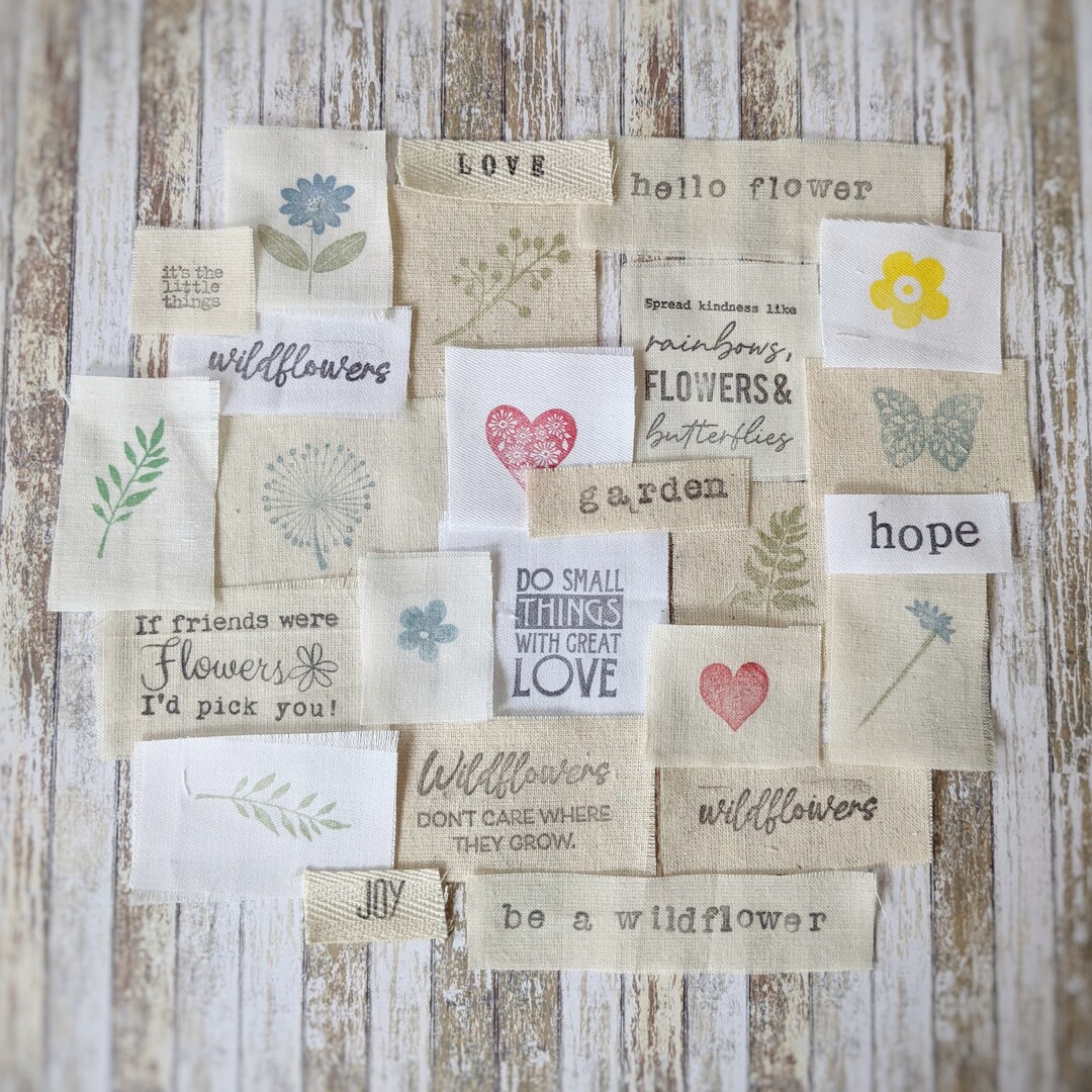 Garden Fabric Word Snippets for Mindful Stitching Hand Stamped Flowers ...