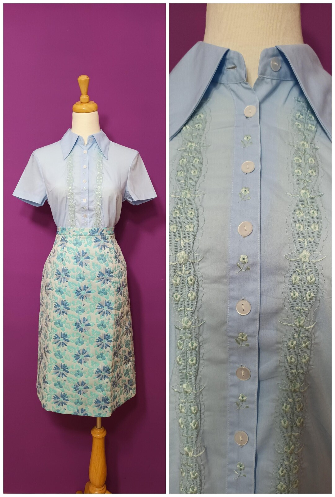 Vintage 1950's Early 1960's Powder Blue Blouse Cotton Mixed Short ...