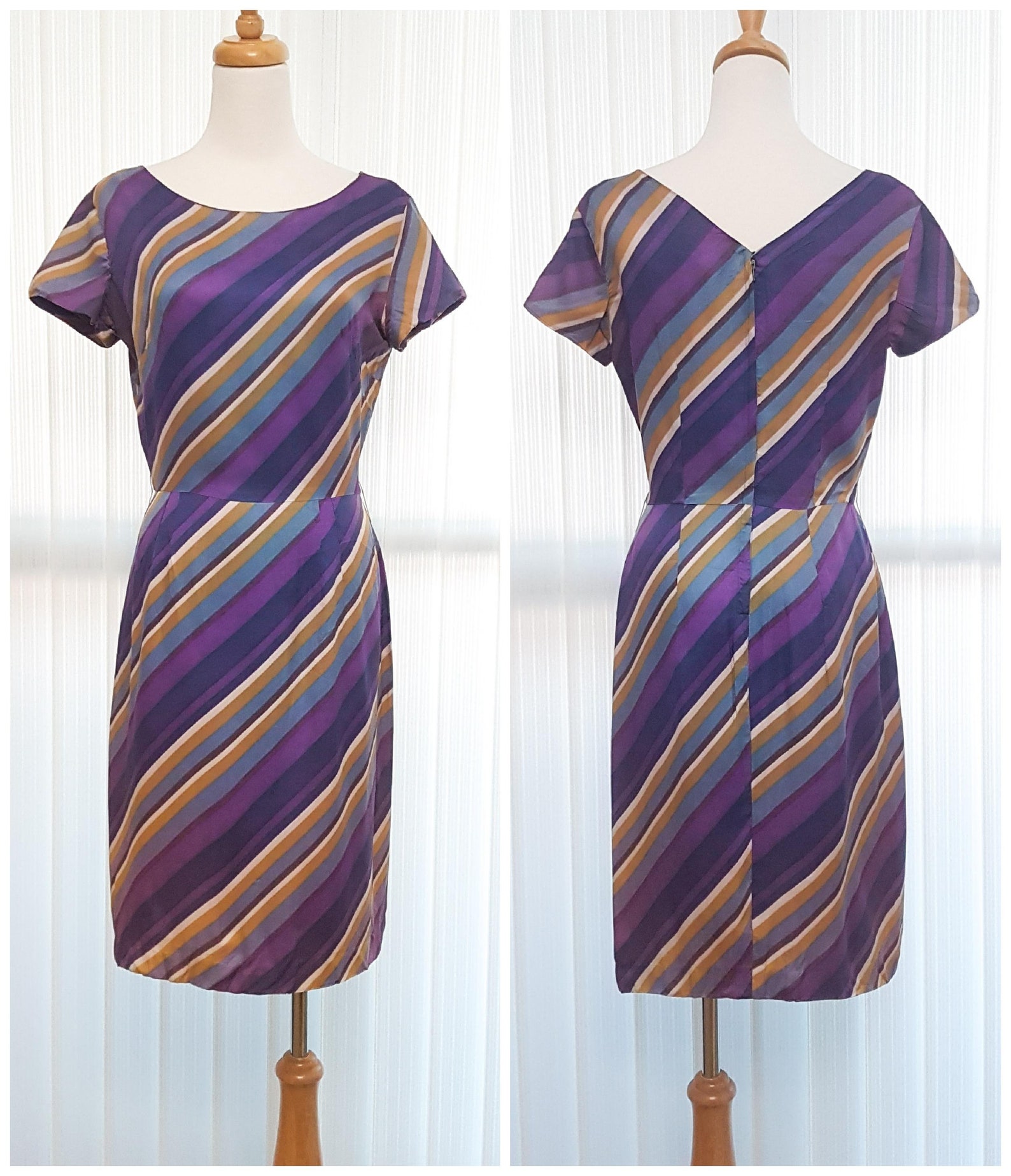 1950s Purple Stripe Wiggle Dress With A Belt Hand-made Boat Neck V Back ...