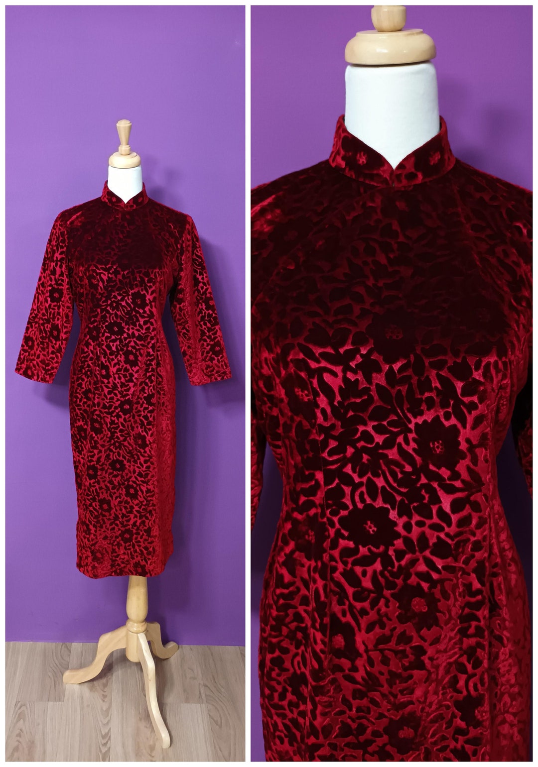 Vintage 1970s Burgundy Velvet Floral Cheongsam Dress Wine Red Qipao Hand-made in Taiwan Small ...