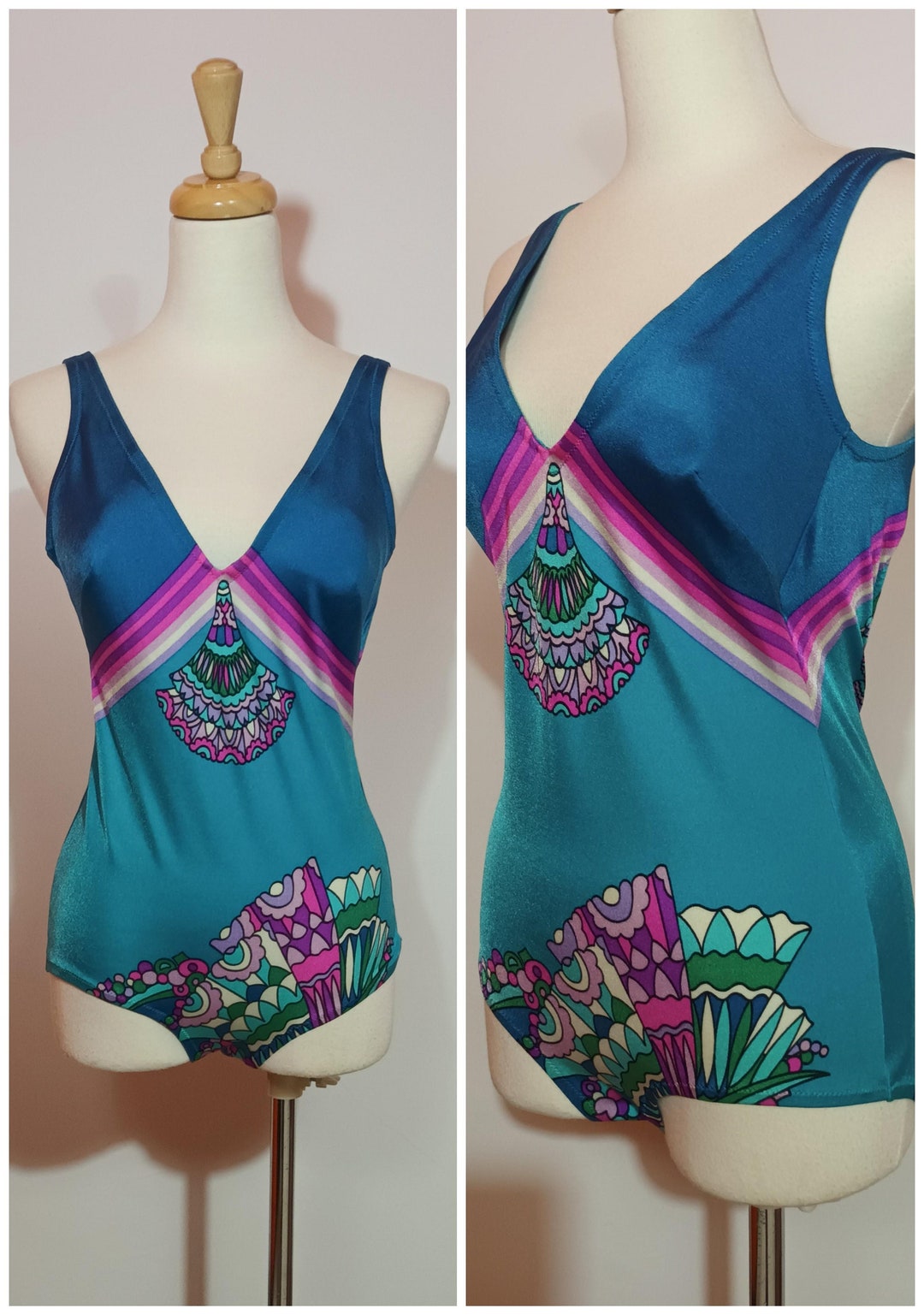 Vintage 1960s 1970s Psychedelic Swimwear One-piece Swimsuit Blue Purple ...