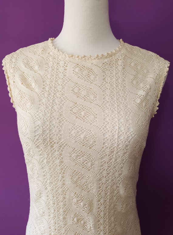 Vintage 1960s Cream White Crochet Shift Dress Mod Boh… - Gem