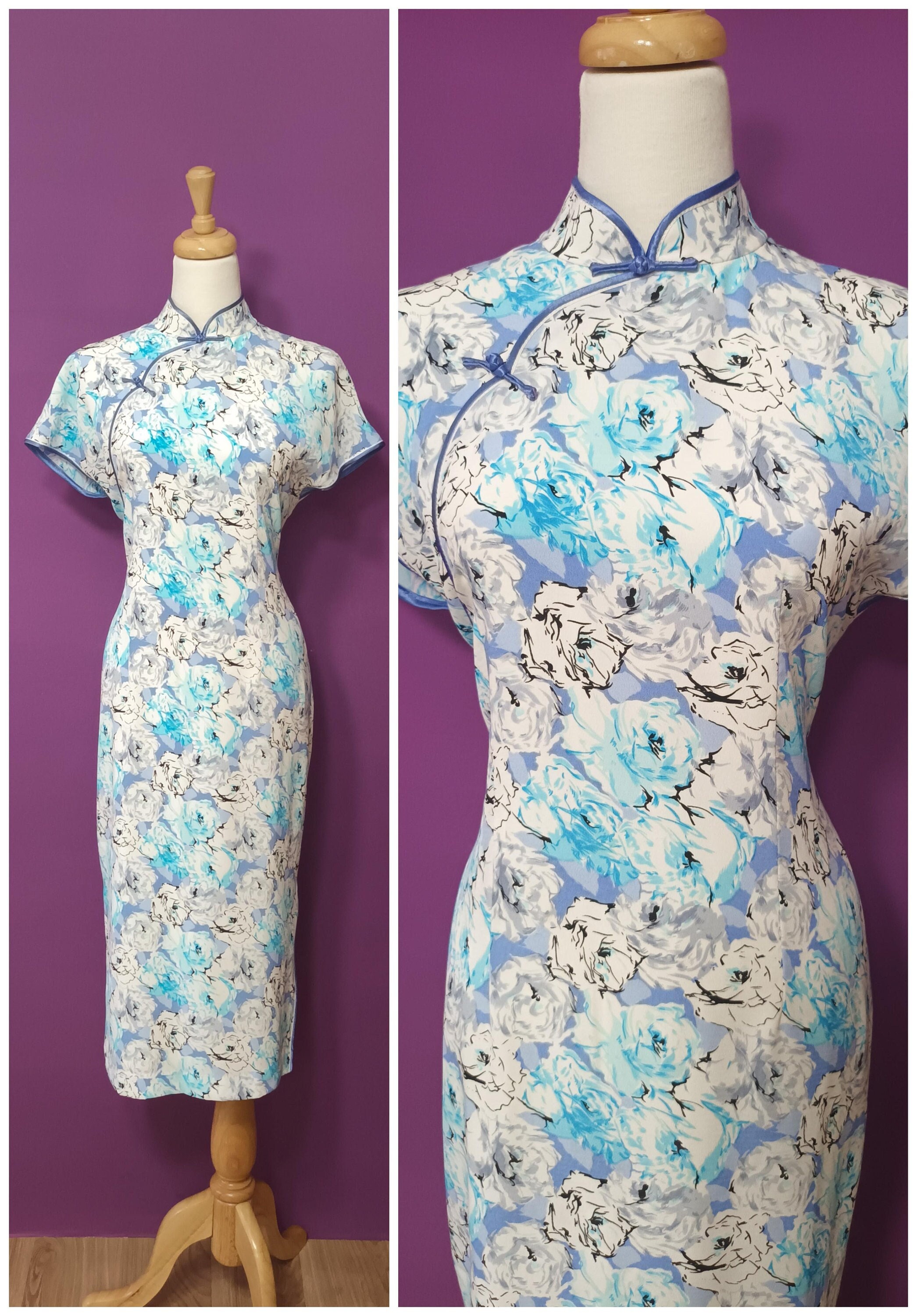 Vintage 1980s Blue and White Floral Cheongsam Dress Qipao French Sleeve ...