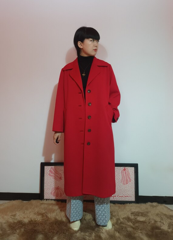 Vintage 1970s Crimplene Red Coat Wood Buttons Stylish… - Gem