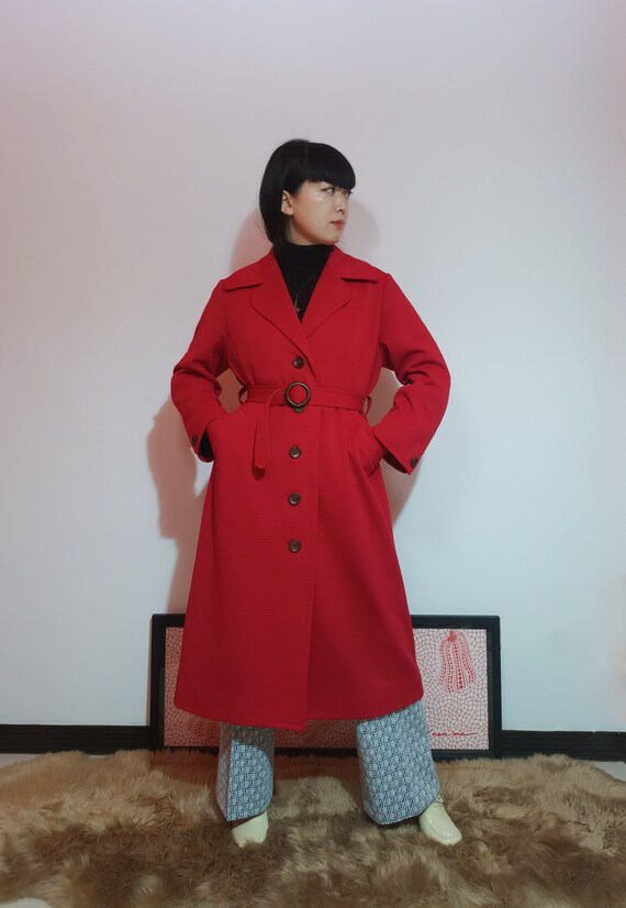 Vintage 1970s Crimplene Red Coat Wood Buttons Stylish… - Gem