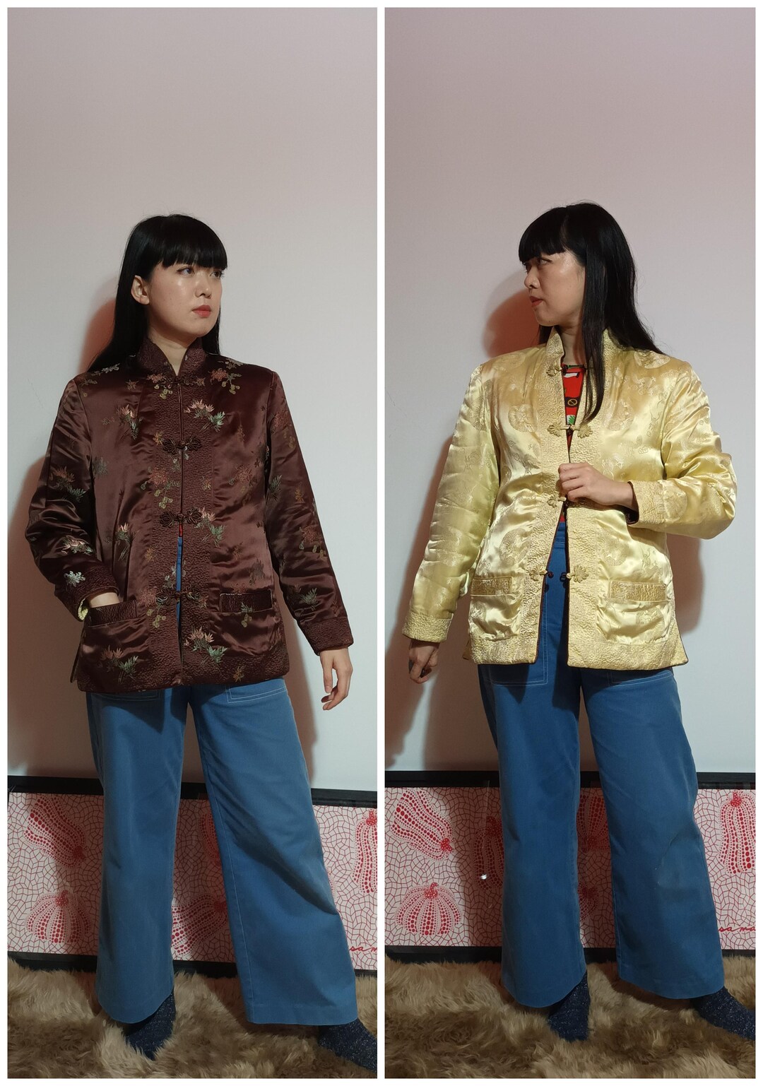 Vintage 1970s 1980s Reversible Chinese Jacket Brown and Yellow Asian ...