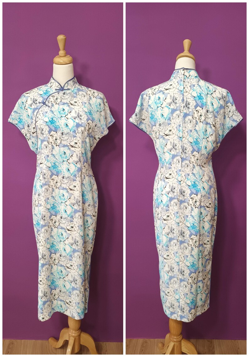 Vintage 1980s Blue and White Floral Cheongsam Dress Qipao French Sleeve ...