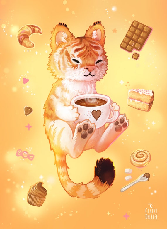 Tiger Drinking Coffee