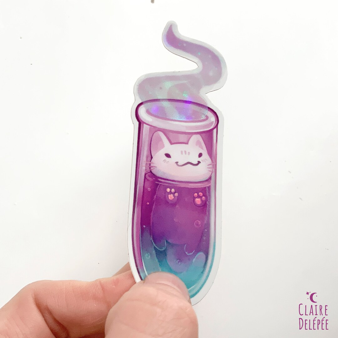 Cute and Happy Cat in a Test Tube Sticker | Holographic Vynl Sticker - Etsy