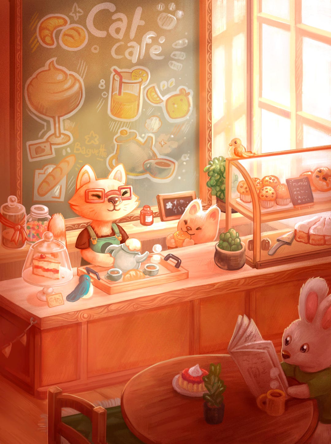 The Cat Café || Hight Quality Art Print - Cute Wall Art Featuring Cats ...