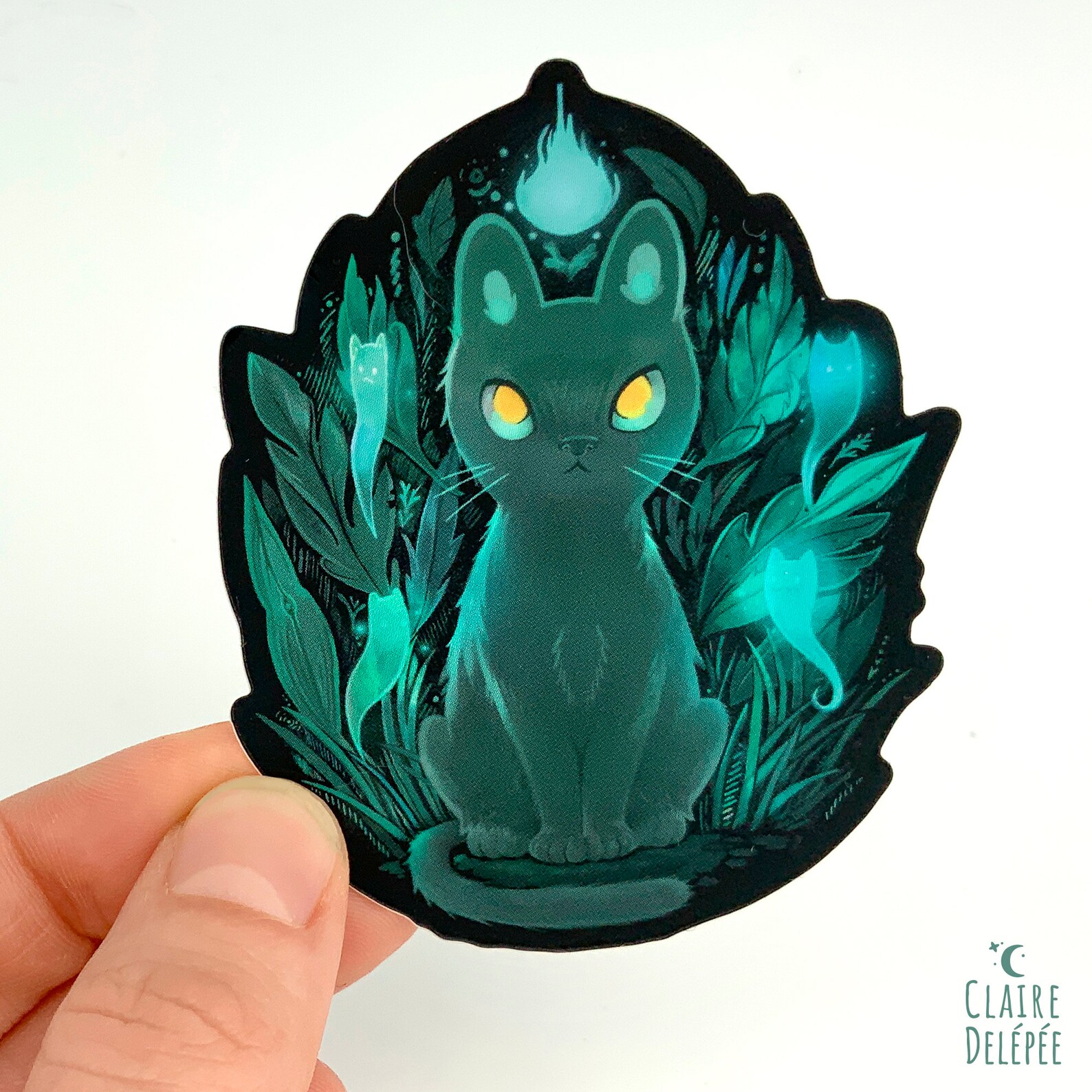 Cute Cat Surrounded by Small Spirits , Holographic Sticker | Kawaii ...