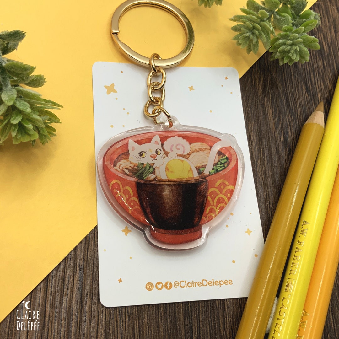 Cat in Ramen Noodles Keychain | Animal Keychain - Cute Acrylic Keyring ...