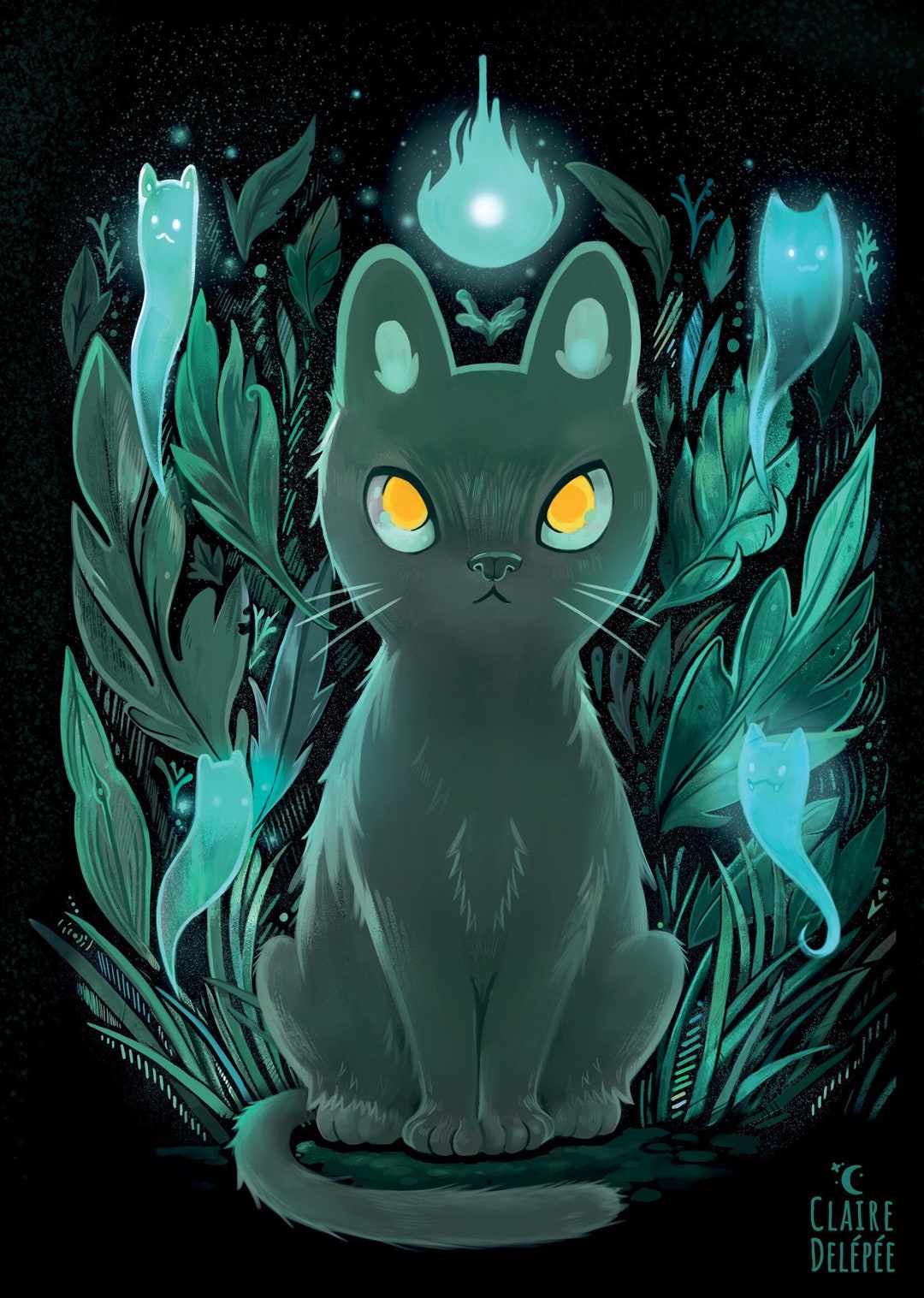 Spectral Companionship Print || Wall Art of a Cute Cat Surrounded by ...