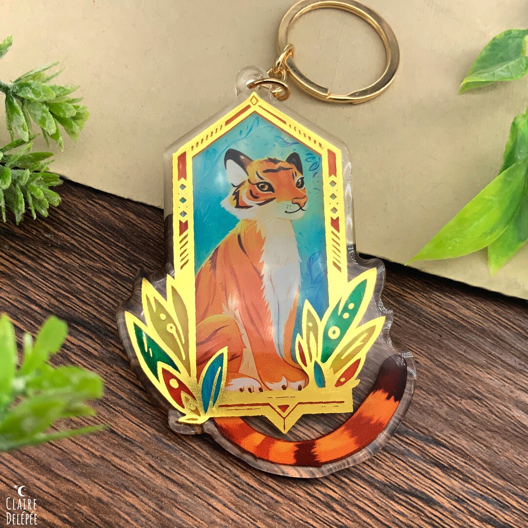 Cute Keychain : Tiger in a Gold Frame Acrylic Charm Golden Keychain ...