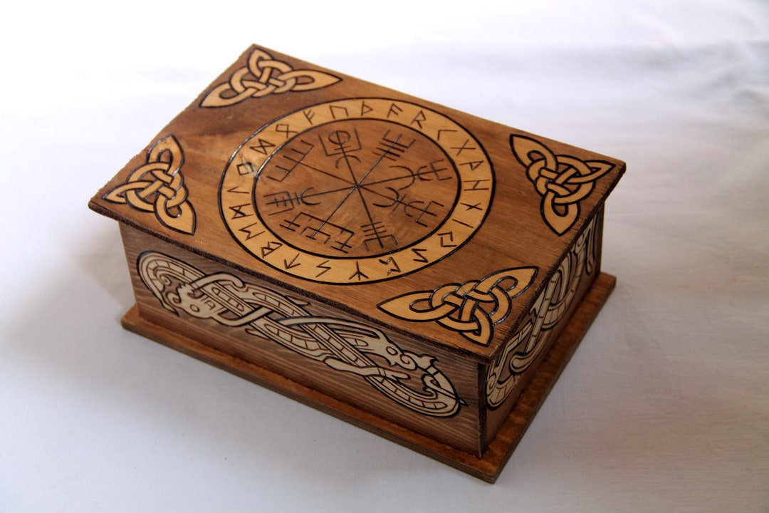 Wooden Box Engraved With Viking Motifs: Vegvisir, Interlacing, Dragons ...