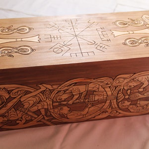 Vintage Wooden Box Carved With Viking Patterns Like Irminsul, Vegvisir ...