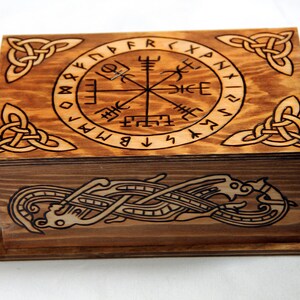 Wooden Box Engraved With Viking Motifs: Vegvisir, Interlacing, Dragons ...