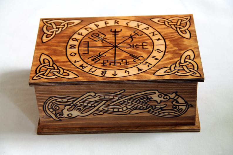 Wooden Box Engraved With Viking Motifs: Vegvisir, Interlacing, Dragons ...