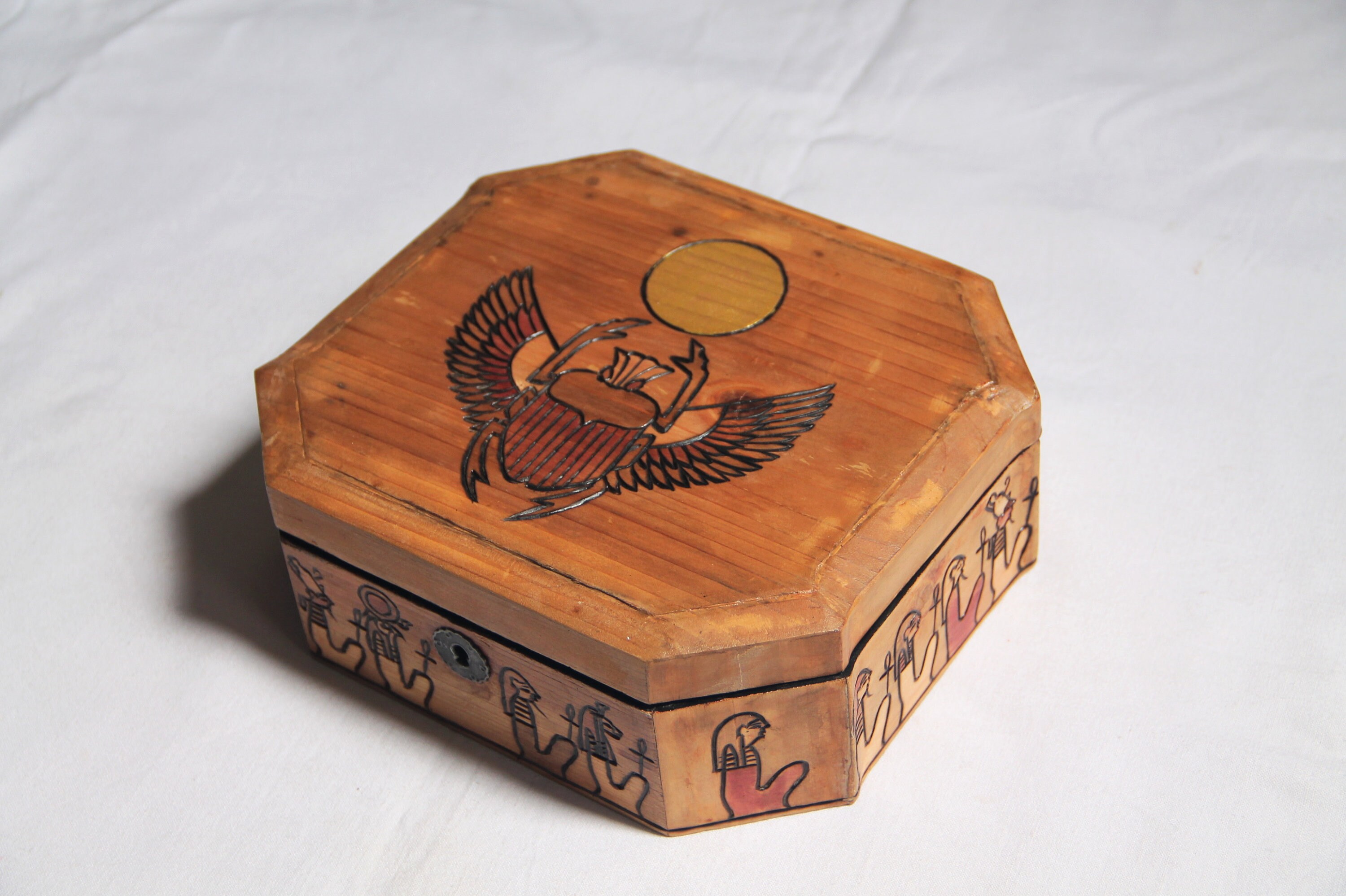 Wooden Box Engraved With Egyptian Motifs Such as the Beetle and the ...