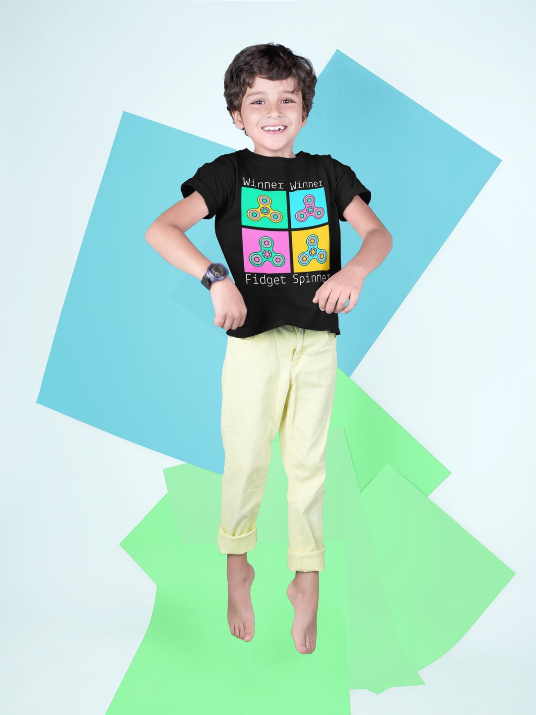 Winner Winner Fidget Spinner Neon Rnbw - Kids Tee Blk - Etsy