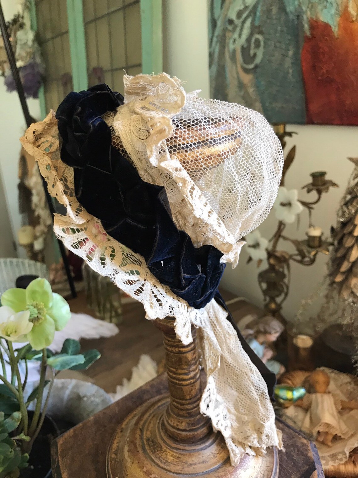 Antic French Little Baby Coif With Lace and Velvet Dark Blue - Etsy