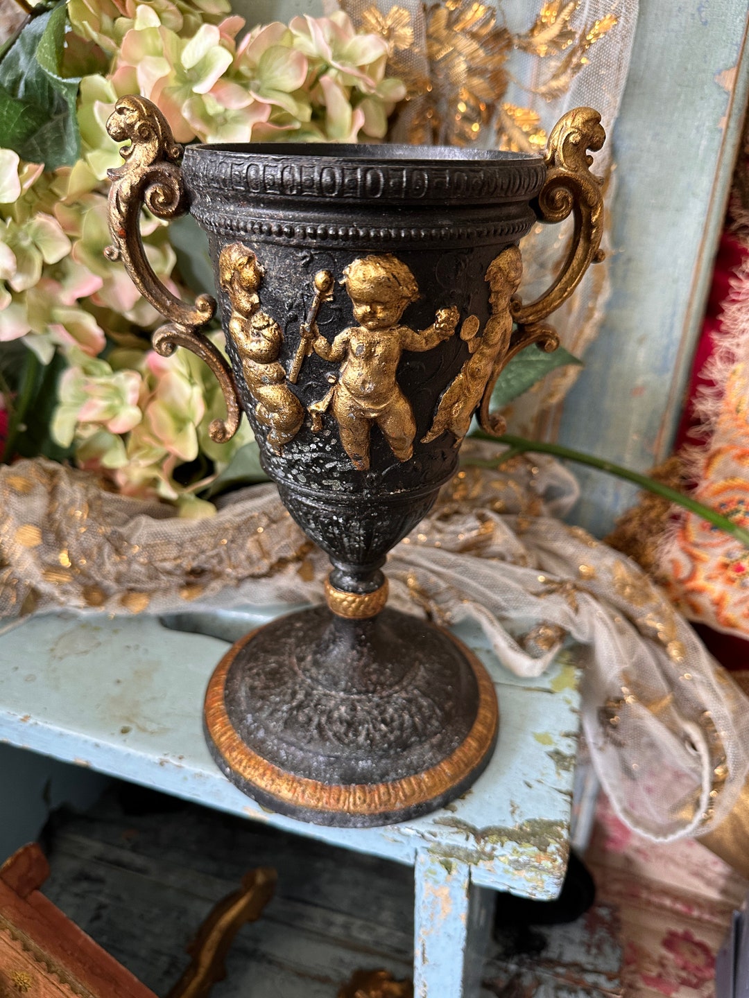 Beautiful Iron Urn With Golden Putti S - Etsy
