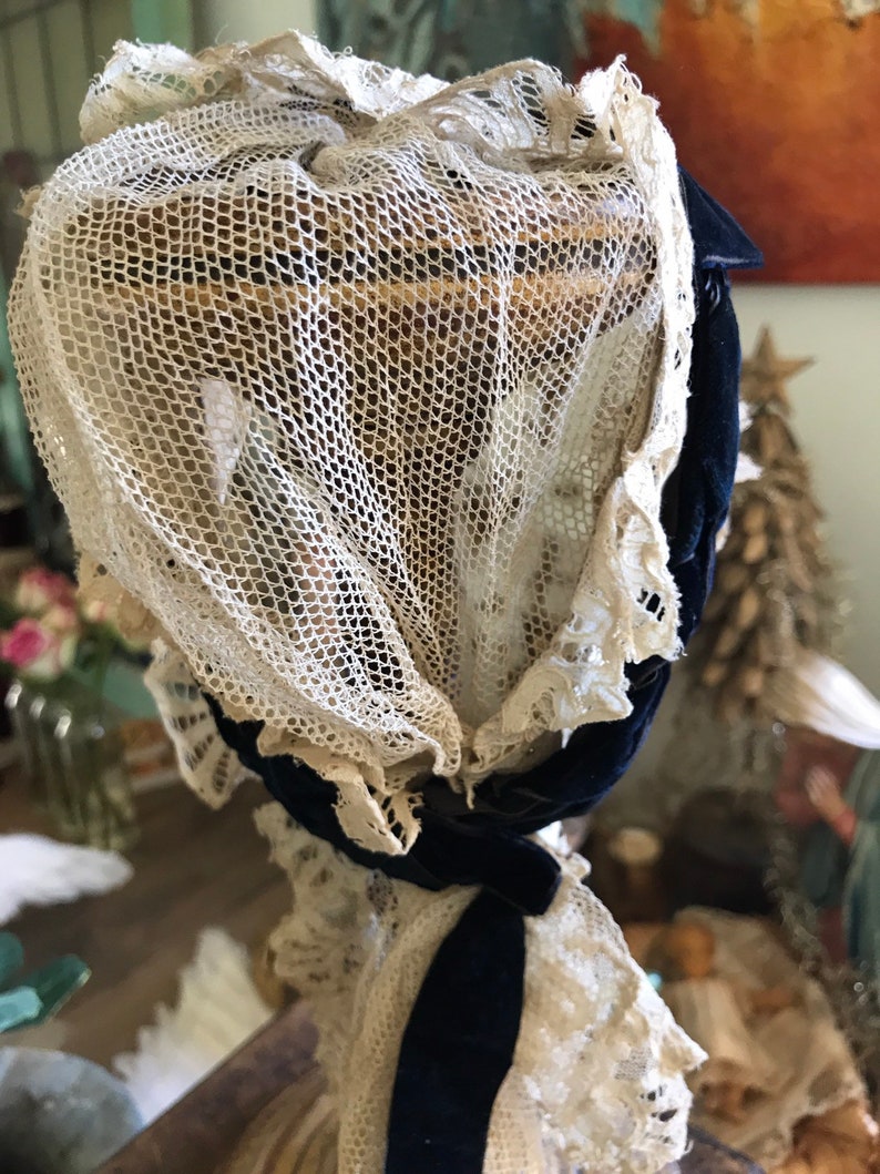 Antic French Little Baby Coif With Lace and Velvet Dark Blue - Etsy