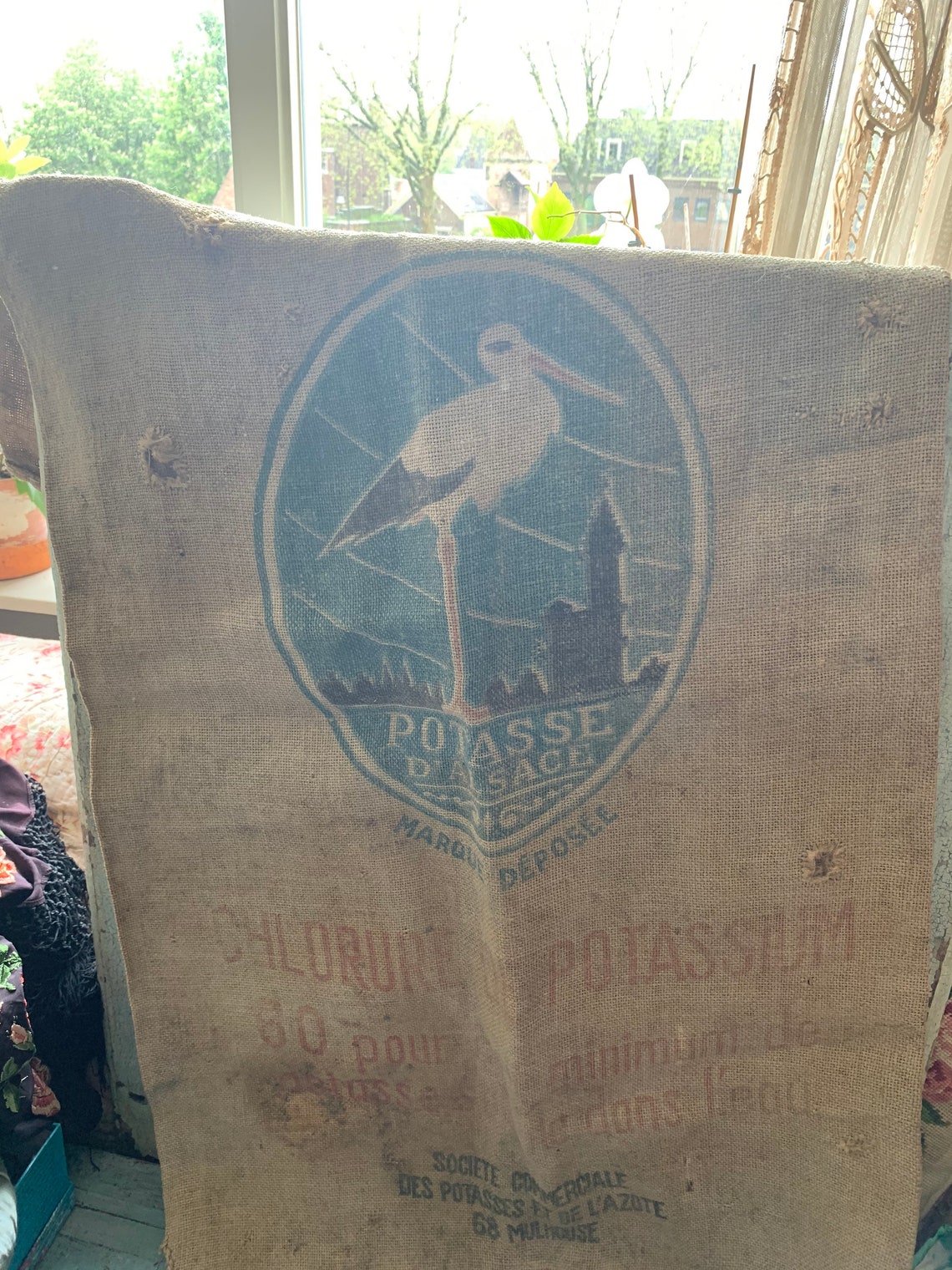 Old Grain Bag of Jute, Special One With the Blue Stork, Shabby ...