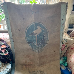 Old Grain Bag of Jute, Special One With the Blue Stork, Shabby ...