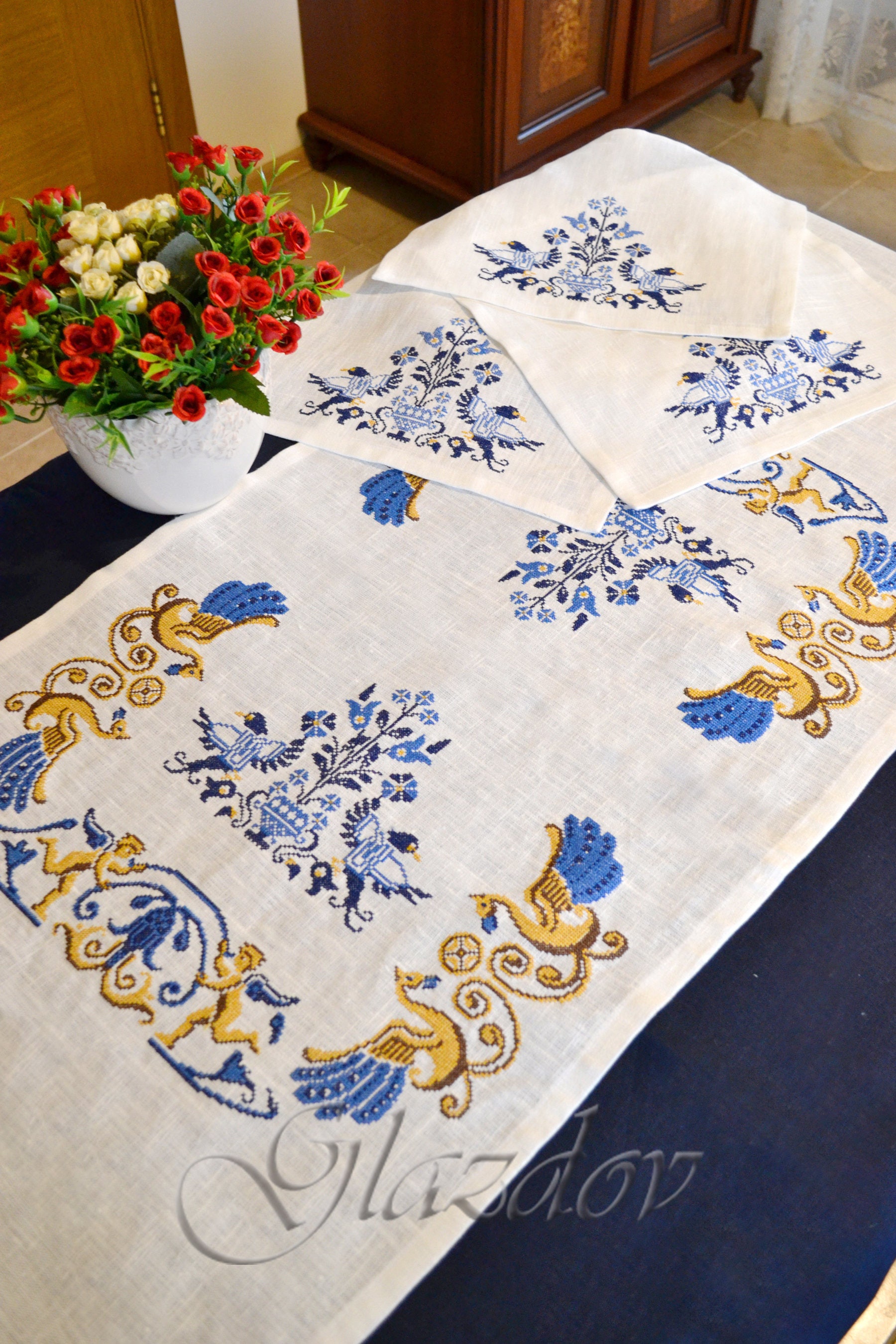 Embroidered Linen Table Runner Cross Stitched - Etsy