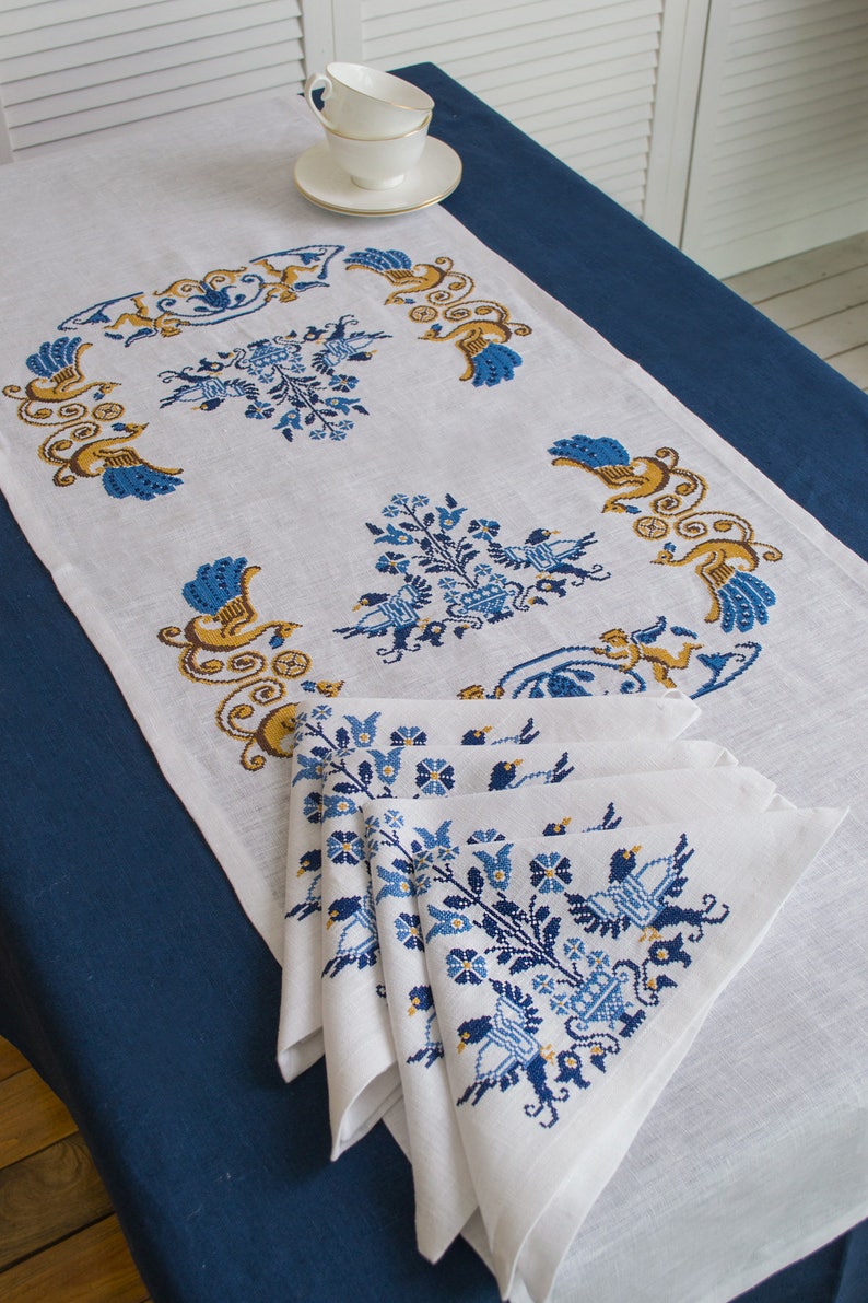 Embroidered Linen Table Runner, Cross Stitched - Etsy