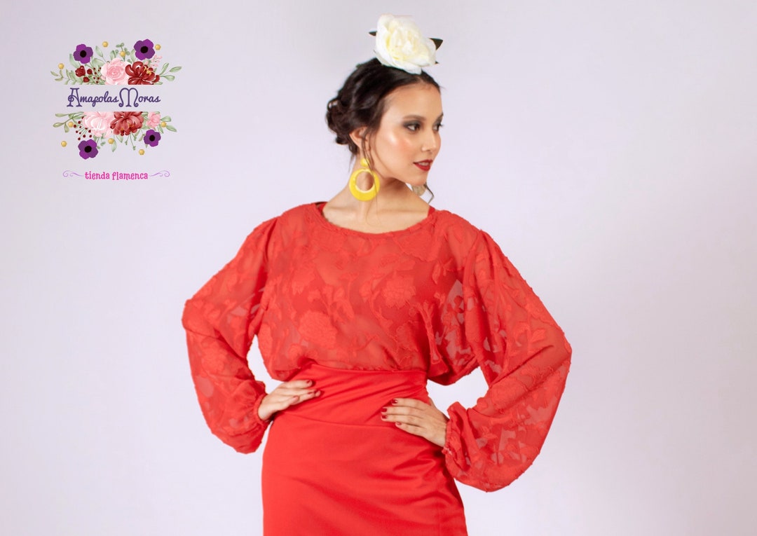 Red Flamenco Blouse Top in Chiffon With Flocked Flower Relief. Puffed ...