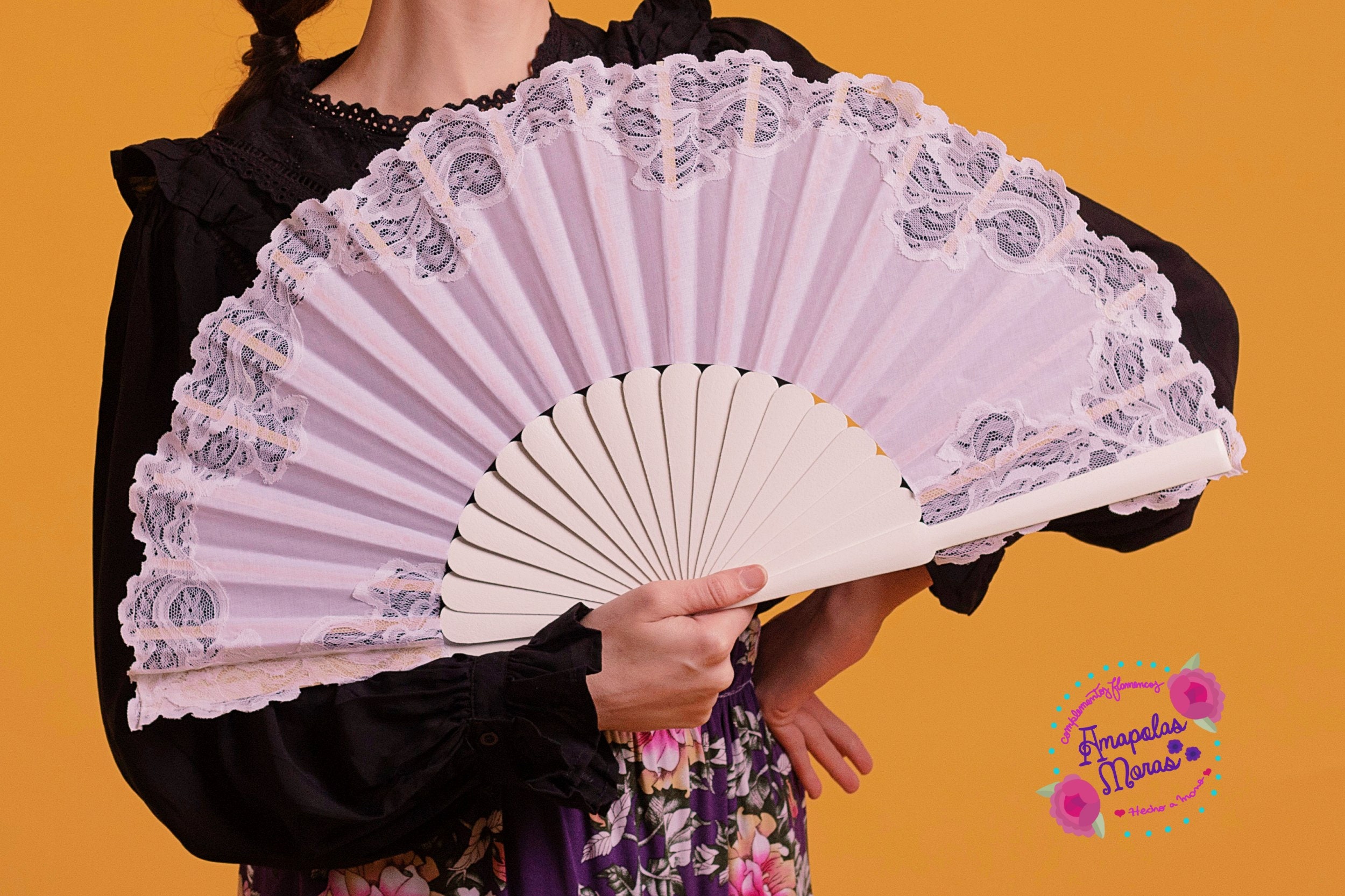 White Extra Large Wooden Pericón Fan With Lace Finish Flamenco - Etsy