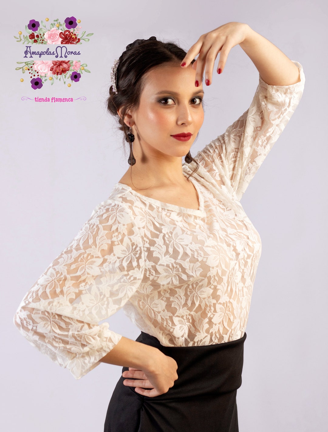 Ecru Lace Flamenco Blouse Top With 3/4 Sleeves. Spanish Gypsy Flamenco ...