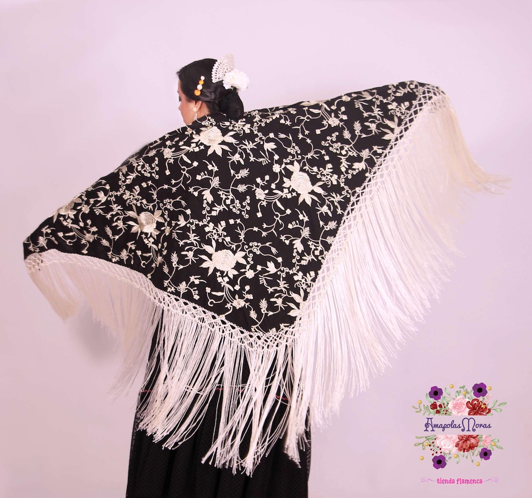 Embroidered Piano Shawl Square Black and Ecru Color. Manila Shawl for ...