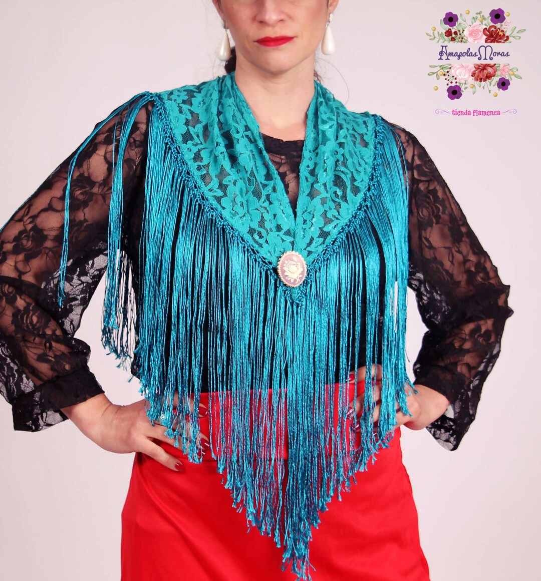 Turquoise Lace Shawl With Floral Design. Flamenco Costumes Spanish Lace ...