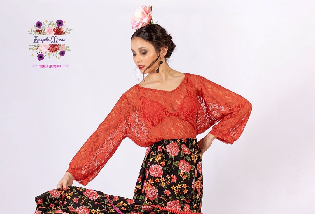 Red Brick Color Lace Flamenco Blouse Top With 3/4 Sleeves. Spanish ...