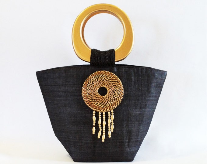 Abaca Bariw Black Gold Ethnic Purse Handbag Tote fits Tablet Ethnic Bag ...