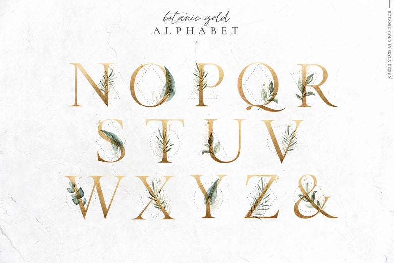 Botanic Gold Geometric Alphabet With Watercolor Leaves - Etsy