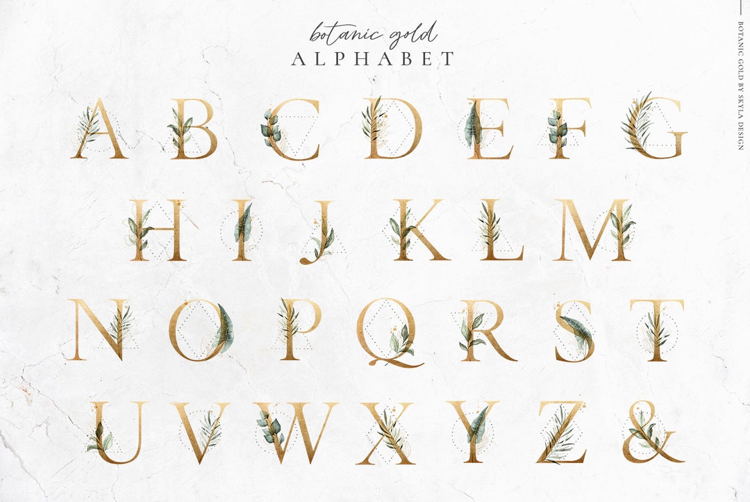 Botanic Gold Geometric Alphabet With Watercolor Leaves - Etsy