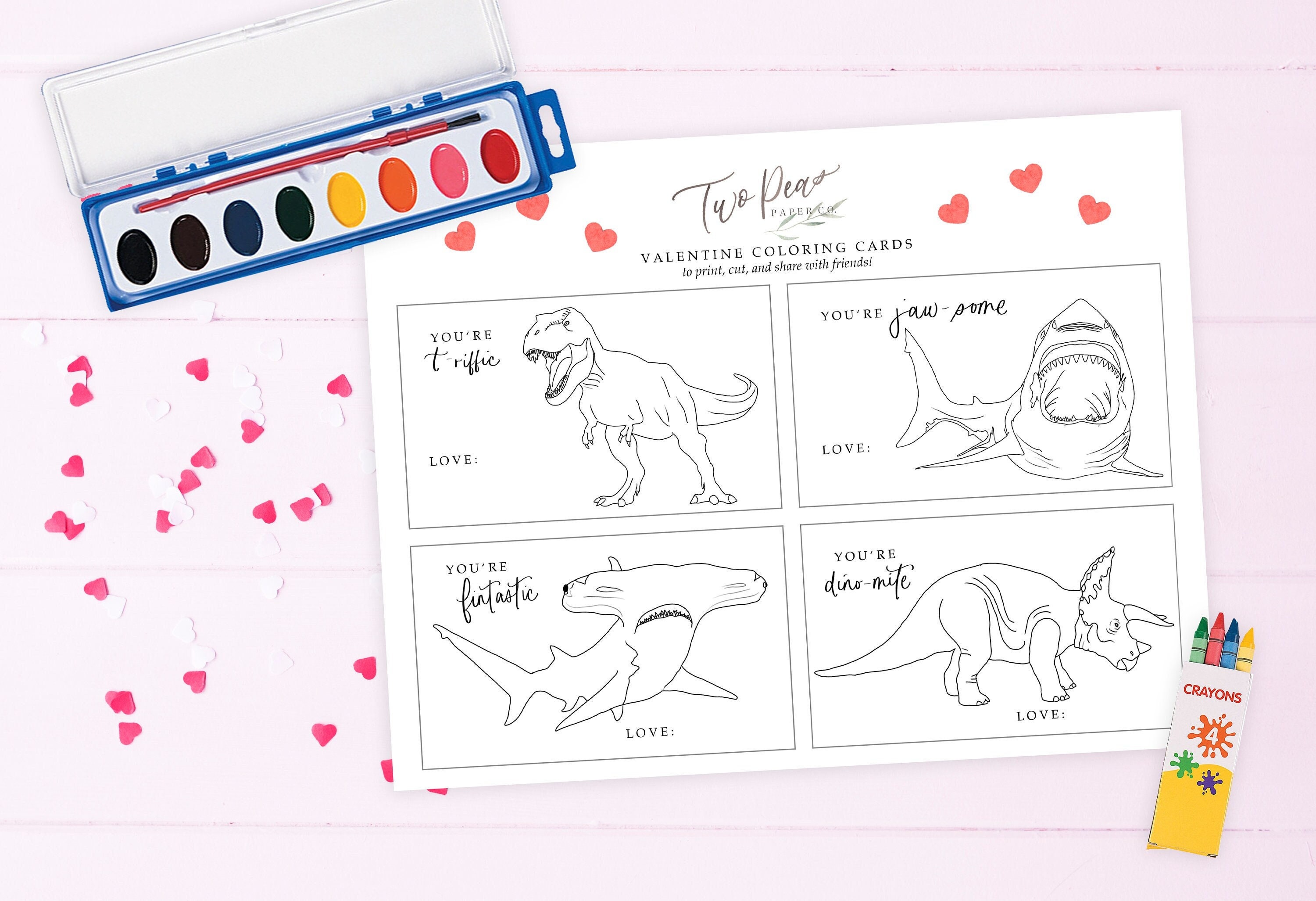 Coloring Sheet Shark & Dinosaur Valentine Cards - Download + Print - Etsy