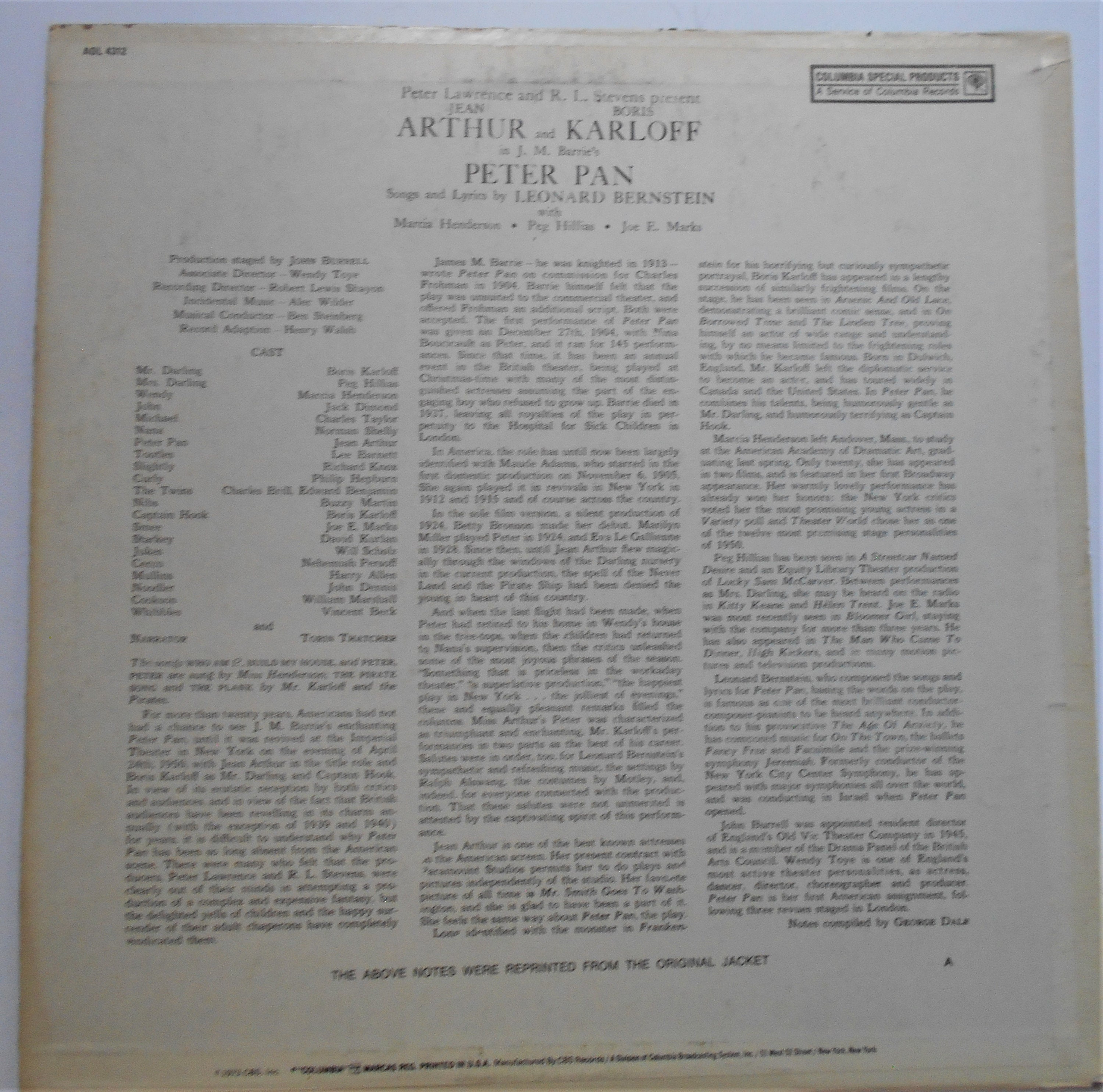 Peter Pan Children's Record 33 RPM LP - J.m.barrie - Jean Arthur, Boris ...