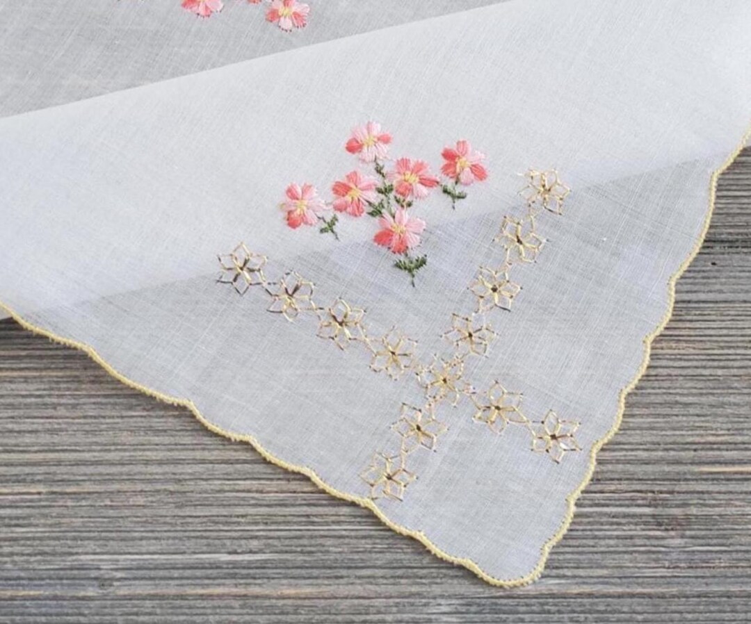 Pink Embroidered Hankie, Gold Accents, Small Vintage Handkerchief - Etsy
