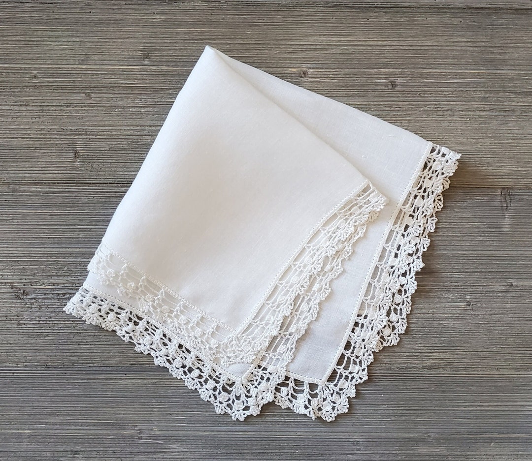 White Linen Hankie, Fancy Crochet Lace, Vintage Wedding Handkerchief ...