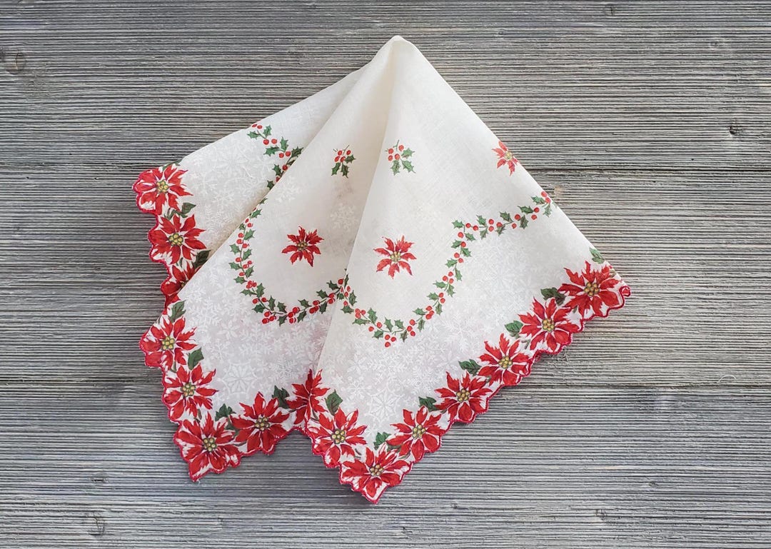 Vintage Christmas Hankie, Holiday Handkerchief, Poinsettias & Holly ...